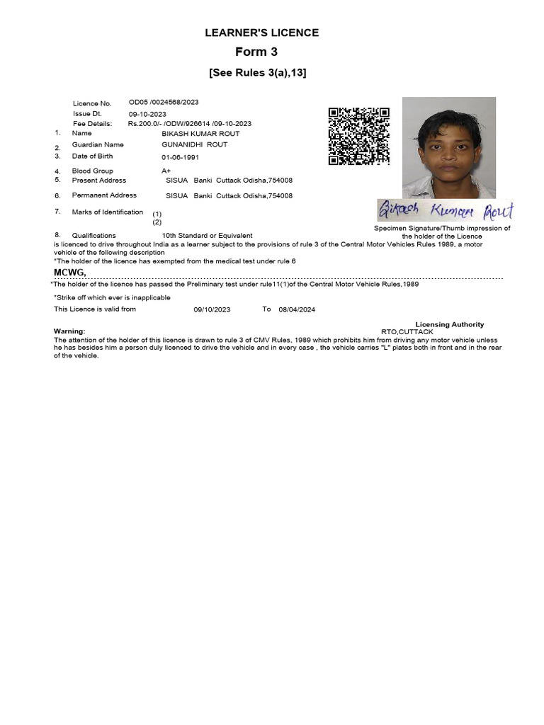 Learner's Licence Form 3 Details | PDF
