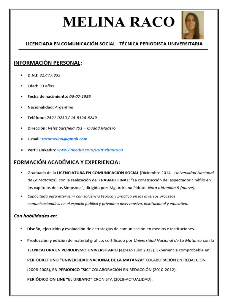 Licenciada Melina Raco CV | PDF | Microsoft Office | Software