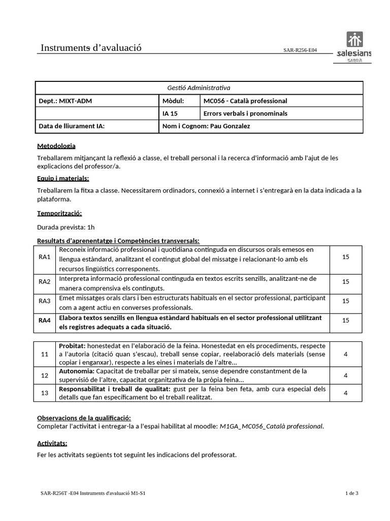 IA15 - Errors Verbals I Pronominals | PDF