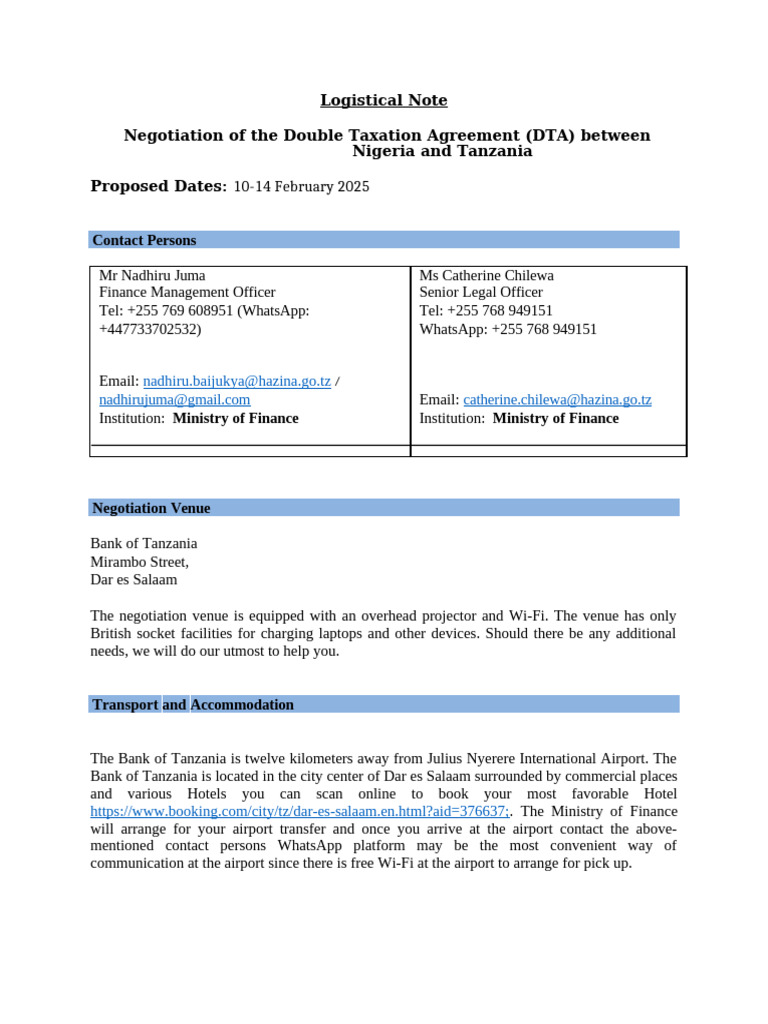 Logistical Note-DTA Nigeria and Tanzania | PDF | Tanzania | Foreign ...