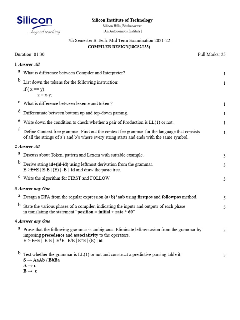 COMPILER DESIGN (18CS2T33) - Mid Term Exam - 2021-2022 | PDF | Parsing | Syntax