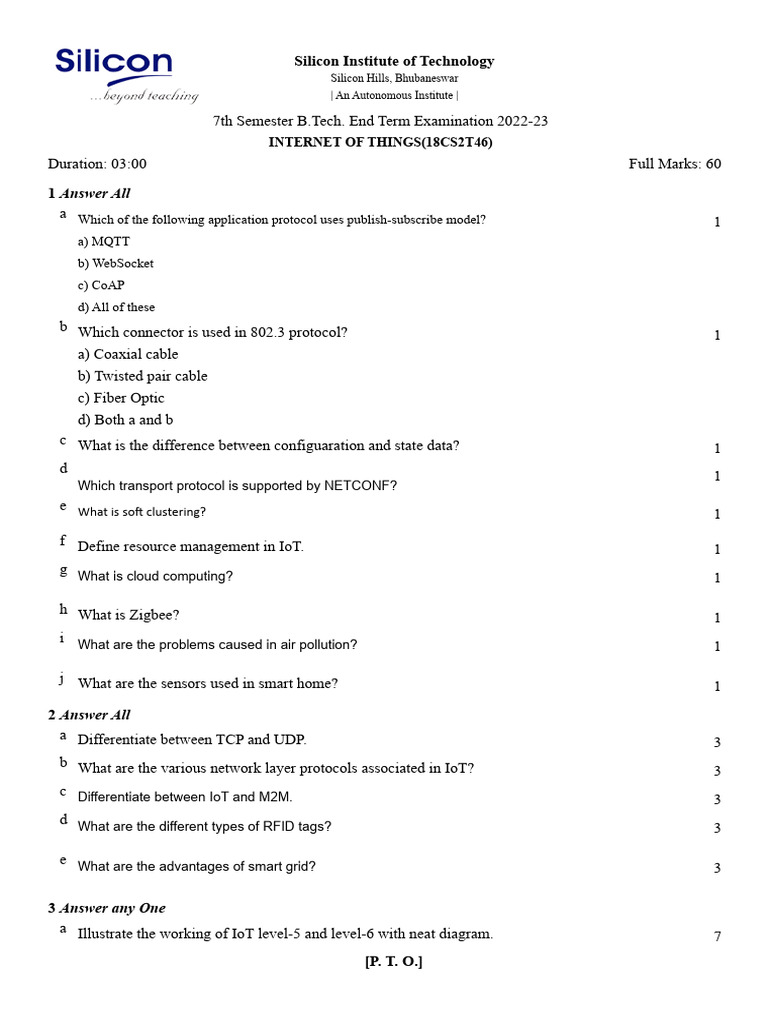 INTERNET OF THINGS (18CS2T46) - End Term Exam - 2022-2023 | PDF ...