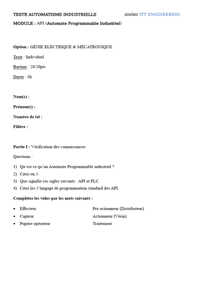 Test d'Automatisme Industriel L3 | PDF