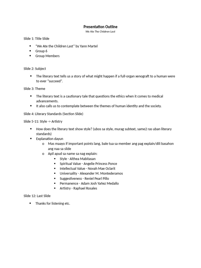 We Ate The Children Last: Presentation Overview | PDF