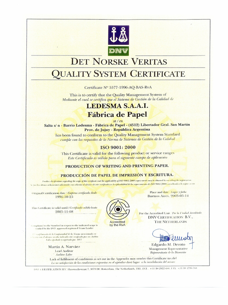 Ledesma Cuality System Certifaicate | PDF