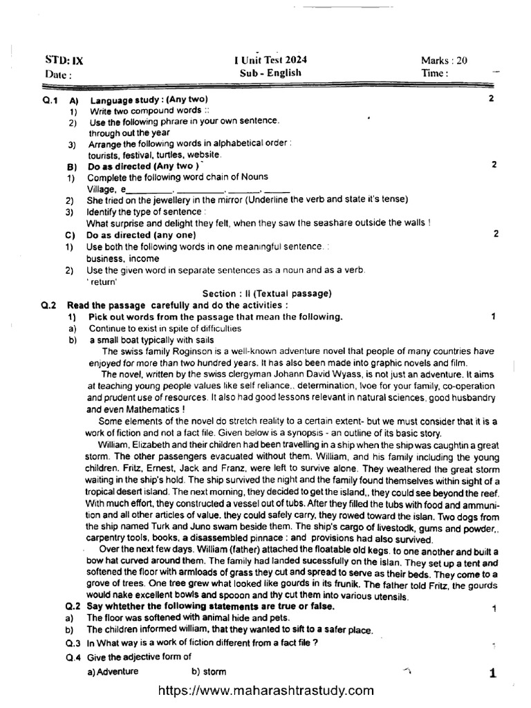 MH Board Class 9 Ut1 English 050325 2024 | PDF