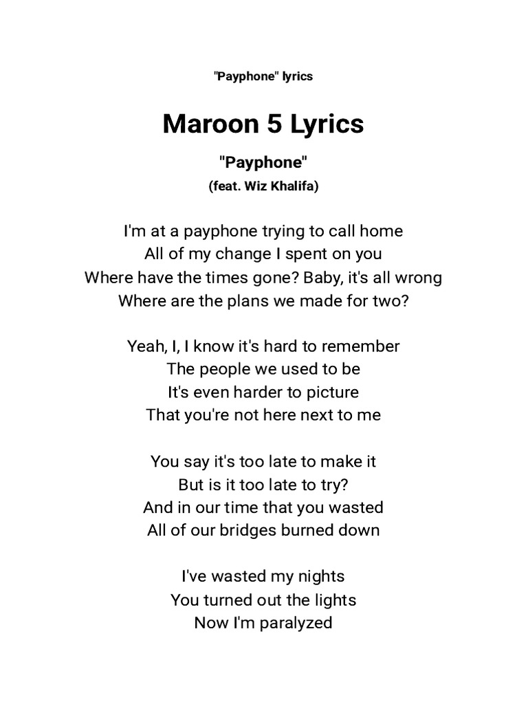Payphone Lyrics by Maroon 5 | PDF