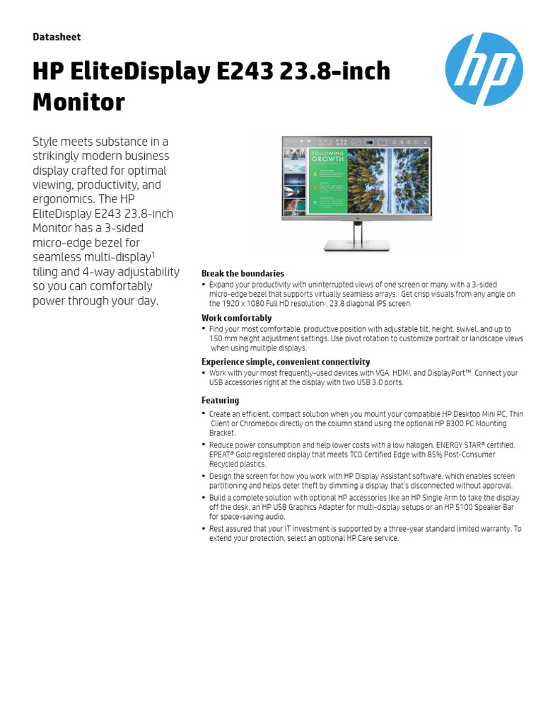 HP EliteDisplay E243 23.8-Inch Monitor Datasheet | PDF | Computer ...
