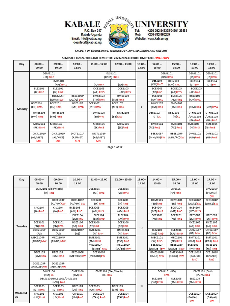 FETADFA LECTURE TIME TABLE semester I 2023_24 and semester II 2022_23 FINAL COPY | PDF ...