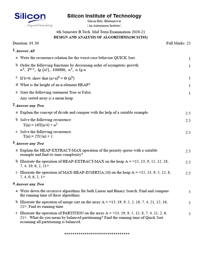 DESIGN AND ANALYSIS OF ALGORITHMS (18CS1T01) - Mid-Term Exam - 2020 ...