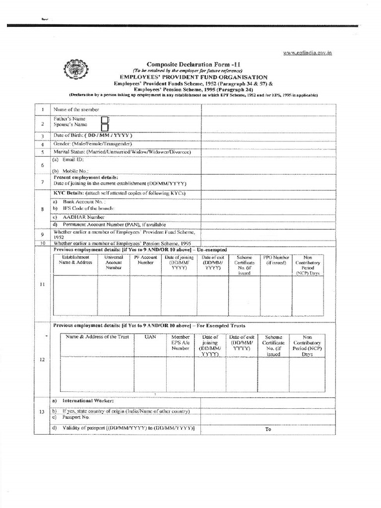 Form 11 - Employees’ Provident Fund Organization Composite Declaration ...