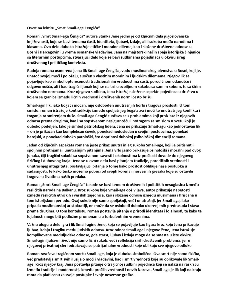 OSVRT LEKTIRA SMRT SMAIL AGE ČENGIĆA | PDF