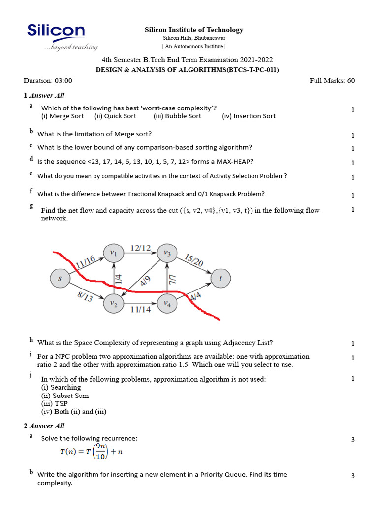 DESIGN & ANALYSIS OF ALGORITHMS (BTCS-T-PC-011) - End Term Exam - 2021-2022 | PDF | Computer ...