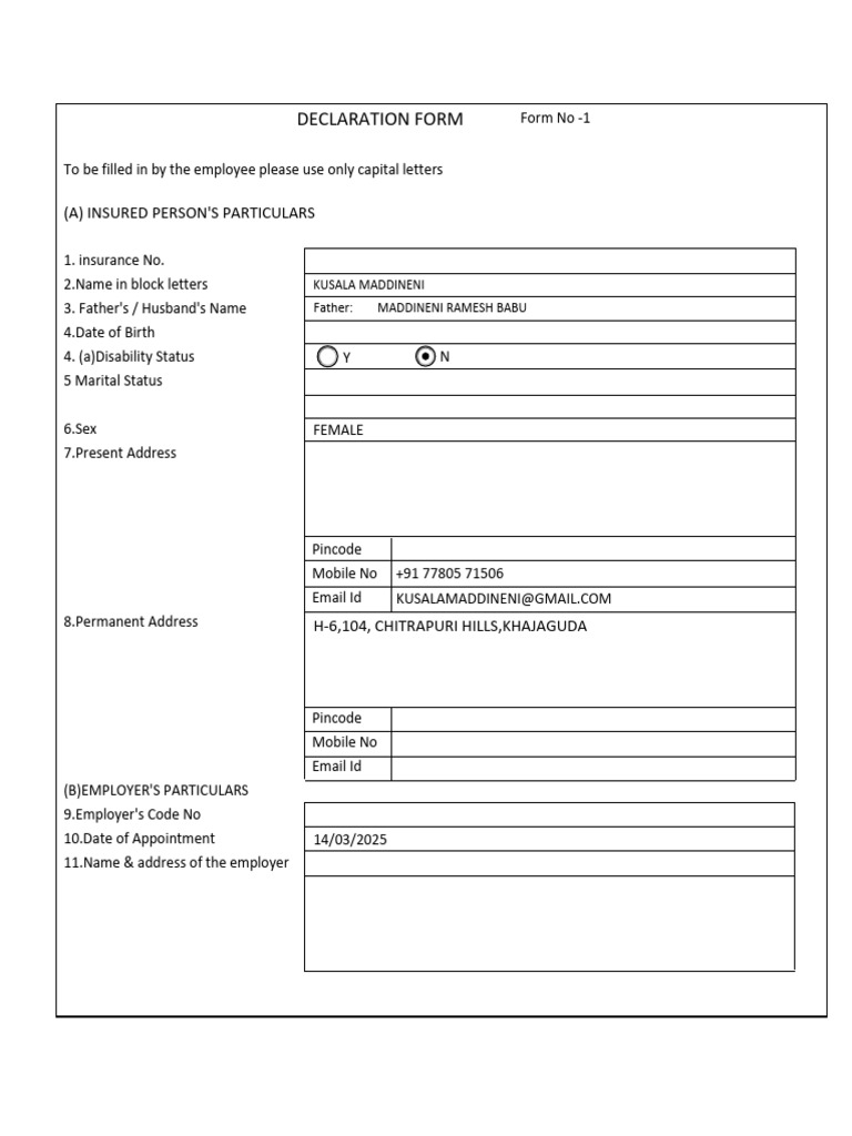 Declaration Form - Employees' State Insurance Corporation (ESIC) | PDF