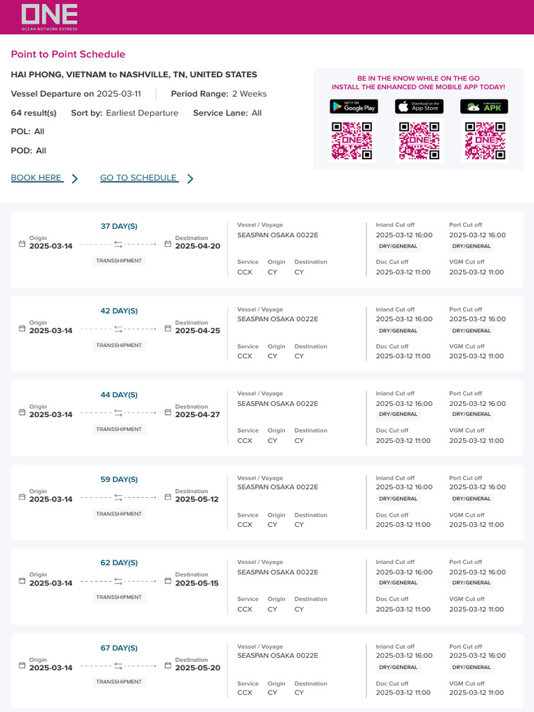 ONE P2P Schedule VNHPH To USBNA 20250311 | PDF | Freight Transport