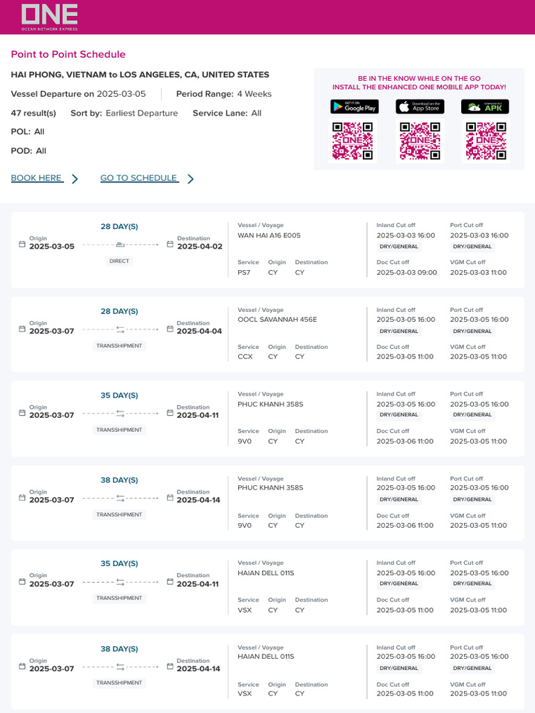 ONE Vessel Schedule: Haiphong to LA | PDF | Freight Transport
