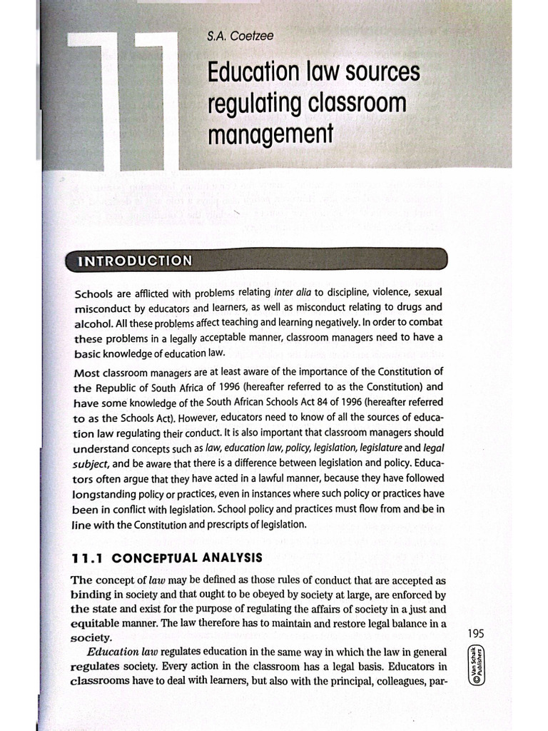 Coetzee. 2015. Education Law Sources Regulating Classroom Management. | PDF