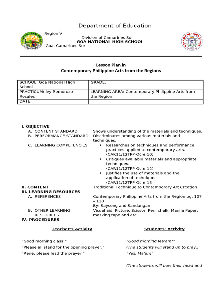 Lesson Plan: Contemporary Philippine Arts | PDF