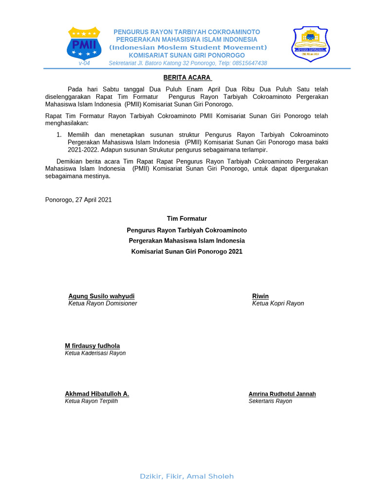 Berita Acara & Susunan Pengurus Tim Formatu | PDF