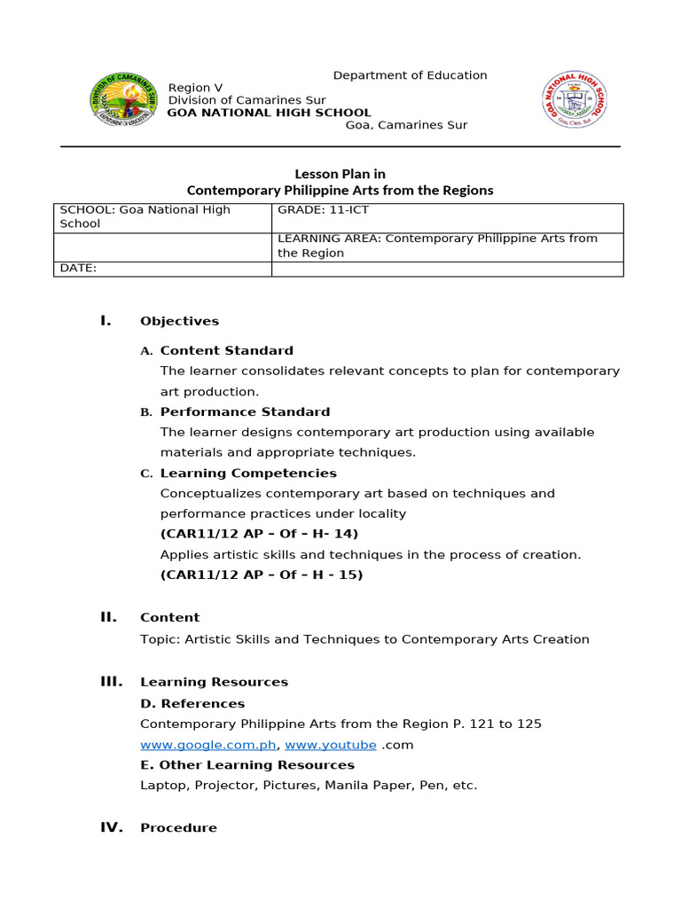 Lesson Plan: Contemporary Philippine Arts | PDF | Artistic Techniques ...