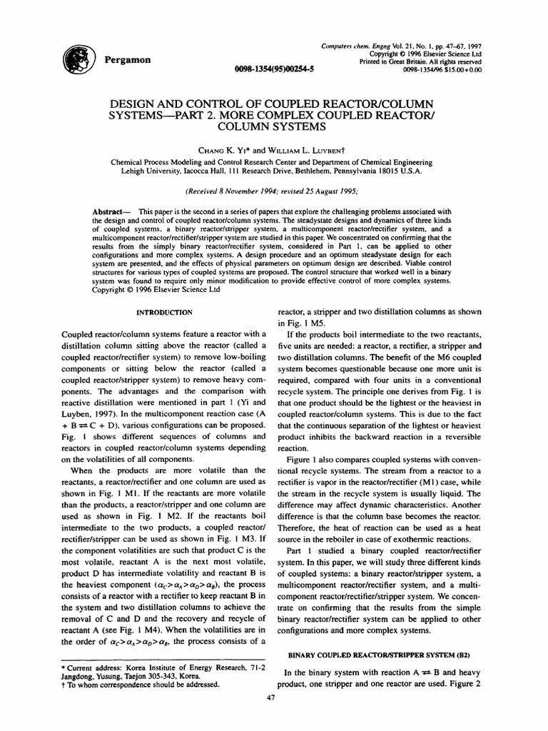 Design and Control of Coupled Reactor-Column Systems-Part 2. More ...