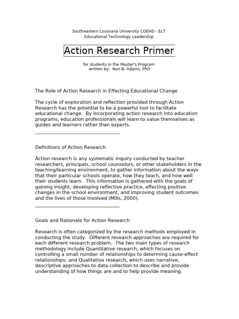 Action Research Primer for Educators | PDF | Methodology | Action Research