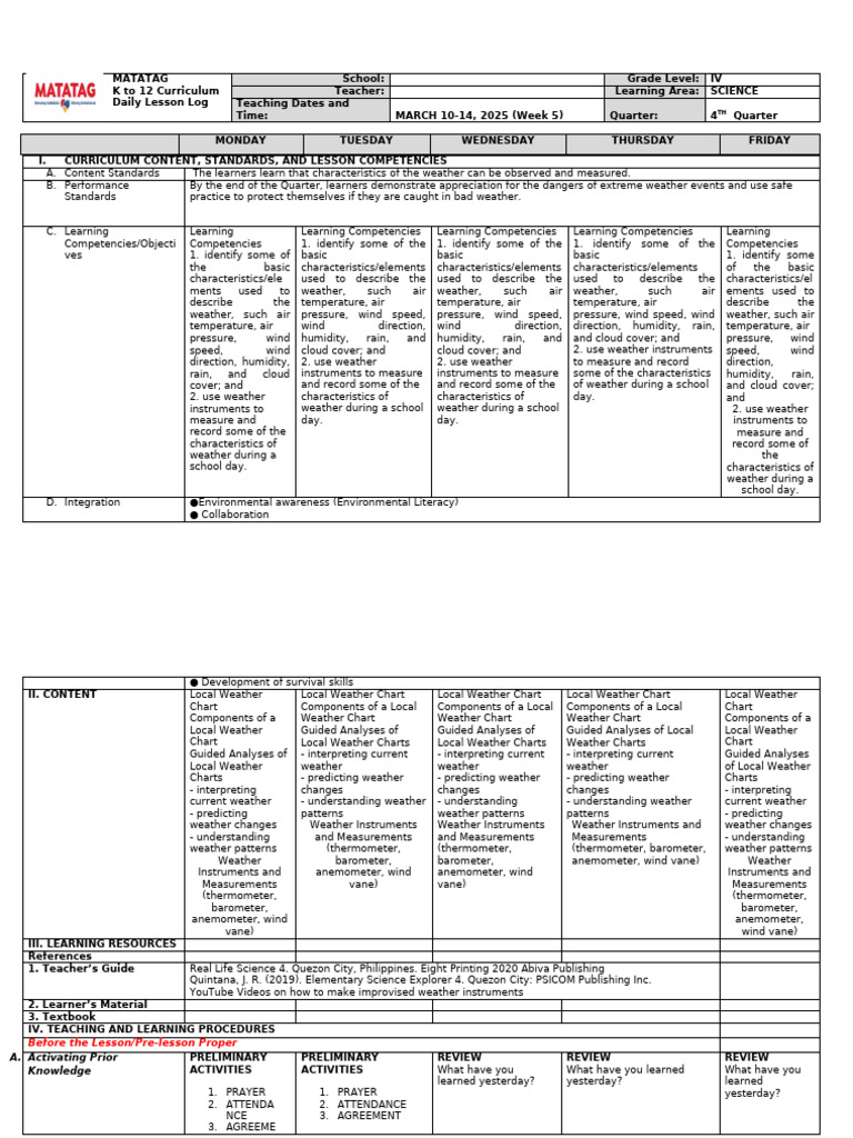 MATATAG DLL WEEK 5 SCIENCE G4 q4 | PDF | Sky | Weather Forecasting