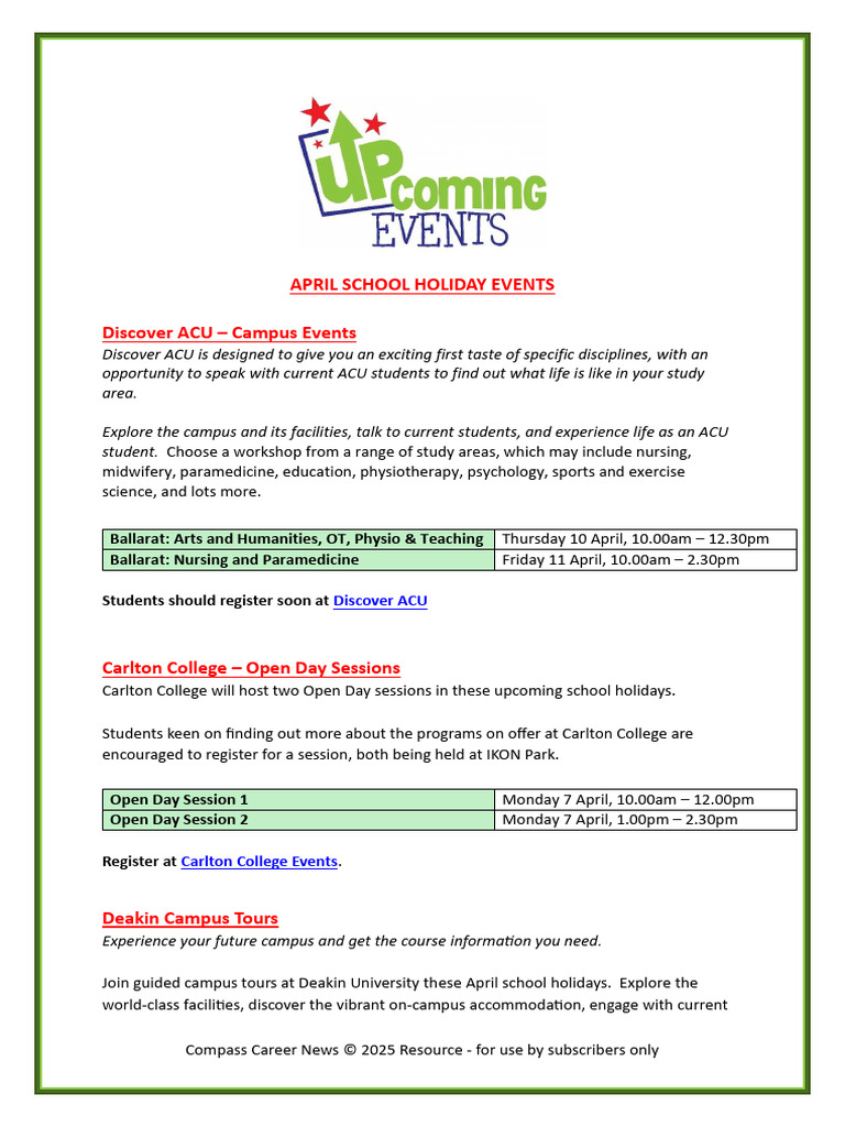 April School Holiday Events | PDF