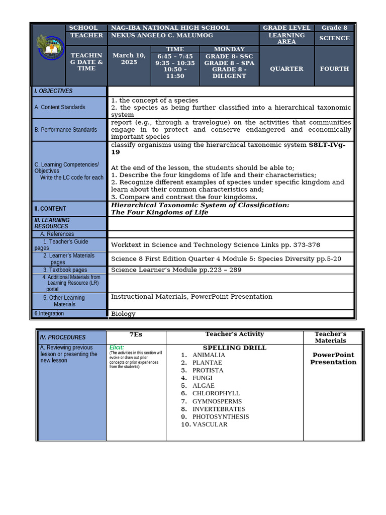 Hierarchical System of Classificaton: Kingdoms of Life Lesson Plan ...