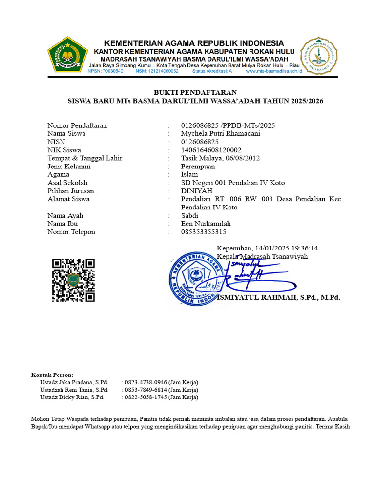 Bukti Pendaftaran Mychela Putri Rhamadani | PDF