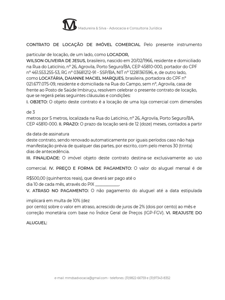 CONTRATO DE ALUGUEL WILSON OLIVEIRA DE JESUS X DAIANNE MACIEL MARQUES ...