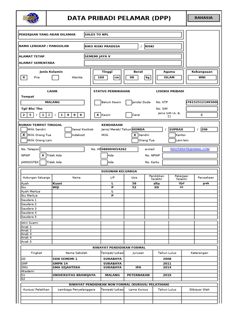 Data Pribadi Pelamar Sales NPL | PDF