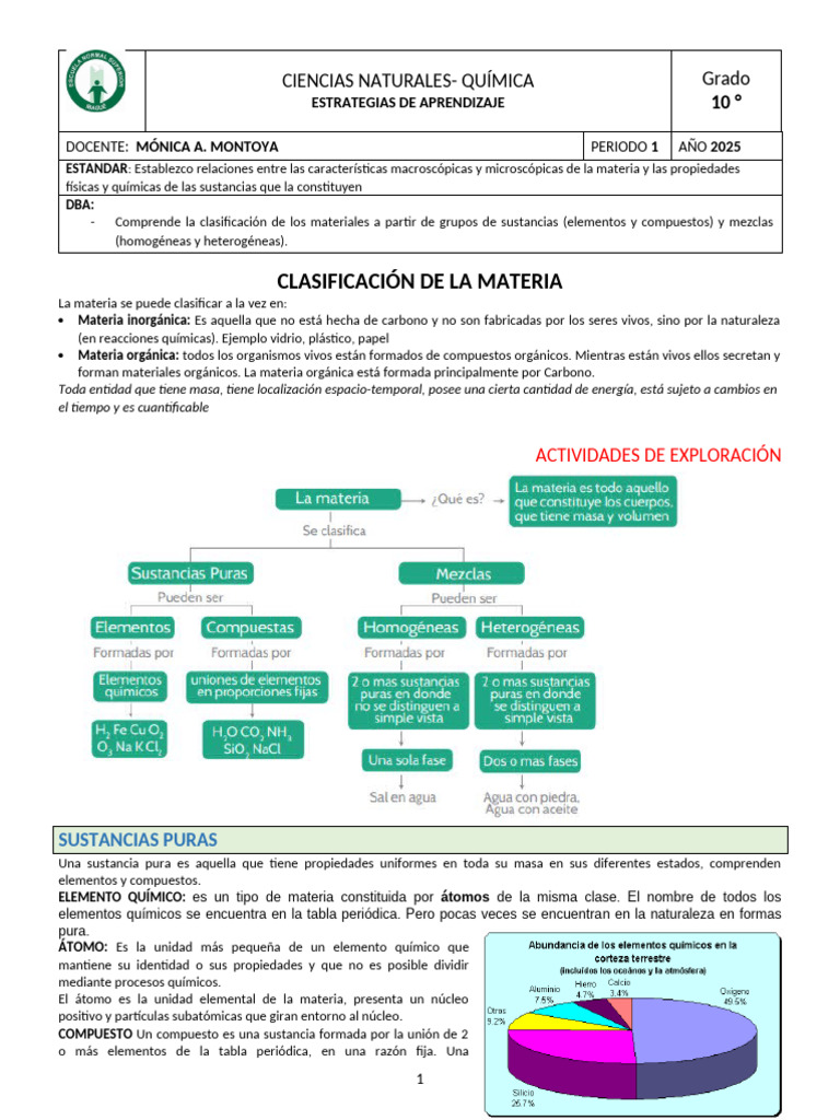 Clasificación de Materia en Química 10° | PDF | Mezcla | Sustancias ...
