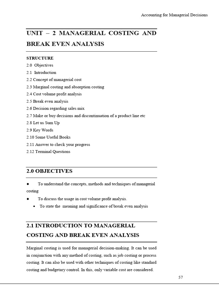 Unit II - Managerial Costing and Break Even Analysis | PDF | Cost Accounting | Marginal Cost