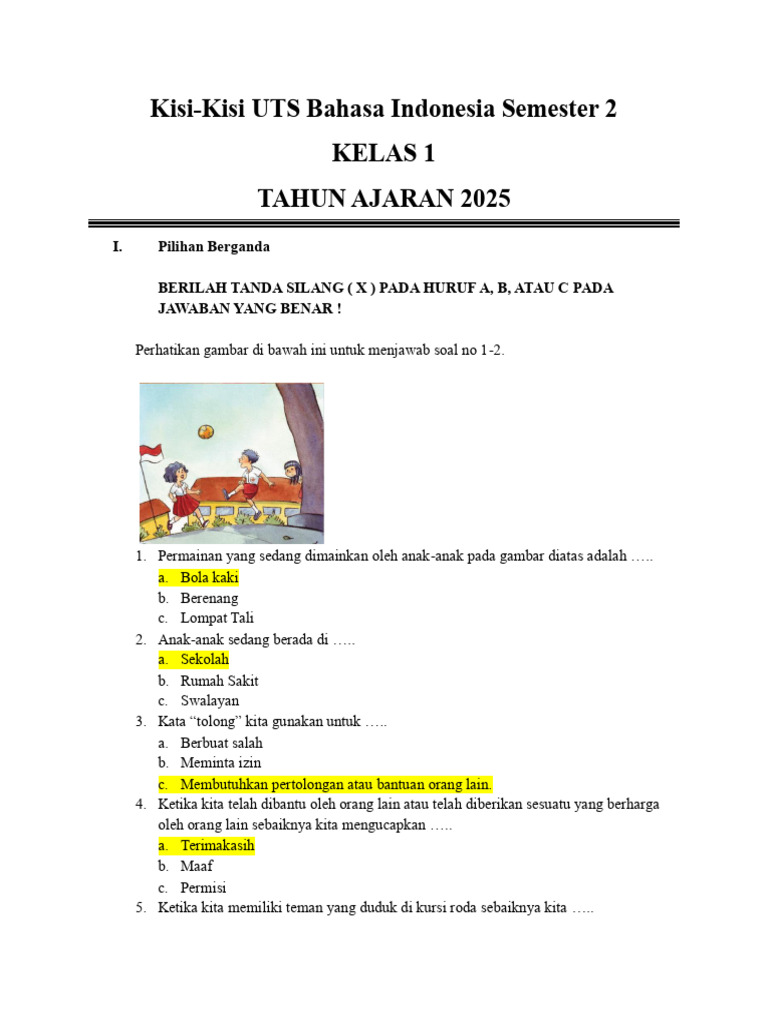 Kisi-kisi uts b.Indo semester 2 kelas 1 tahun 2025-1 | PDF