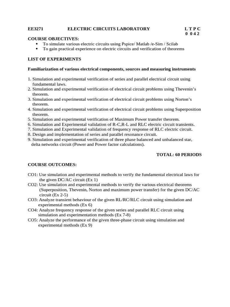 Ee3271 Electric Circuits Laboratory L T P C | PDF