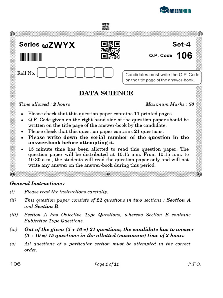 CBSE Class 10 Data Science Question Paper 2023 | PDF | Statistical Theory | Applied Mathematics