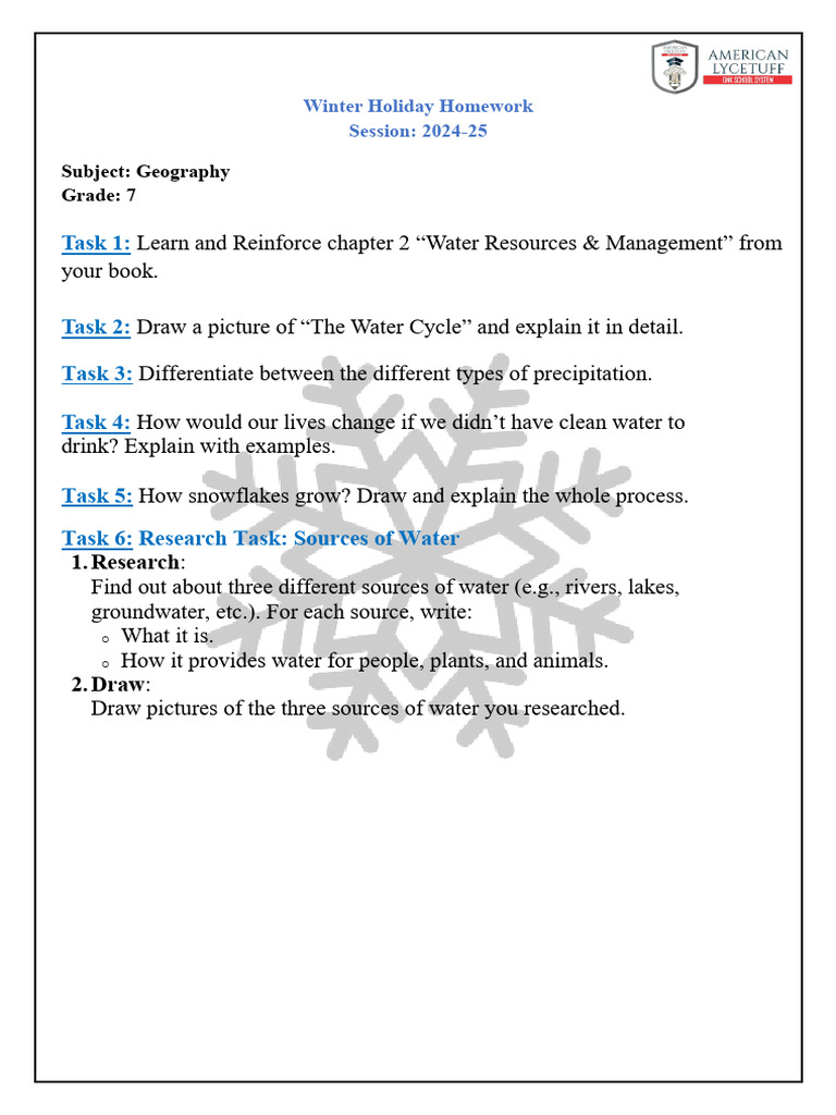 Winter Holiday Homework - G7 (Geo) | PDF