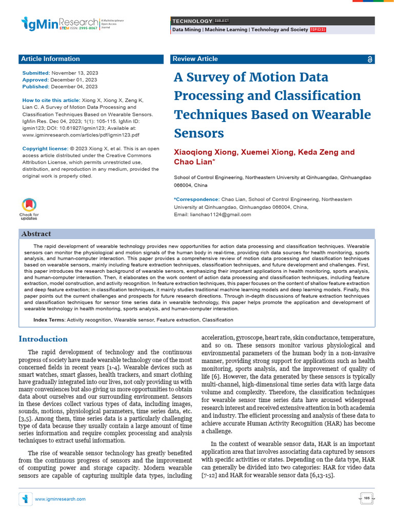 A Survey of Motion Data Processing and Classification Techniques Based On Wearable Sensors | PDF ...