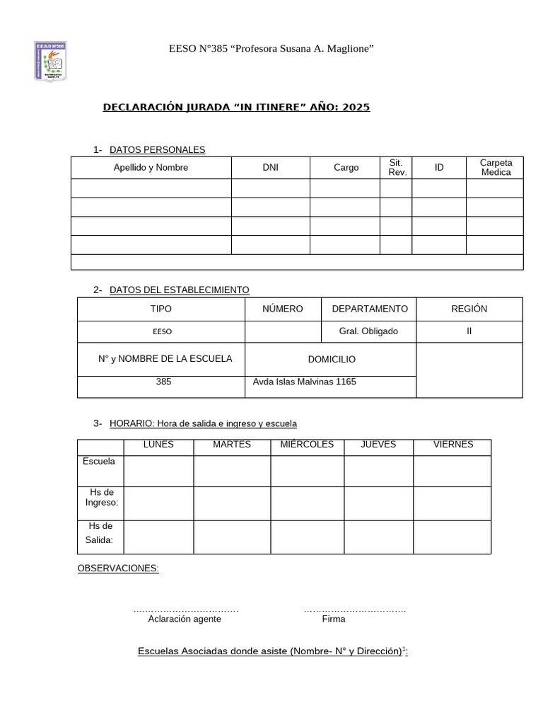 Declaración Jurada EESO N°385 | PDF