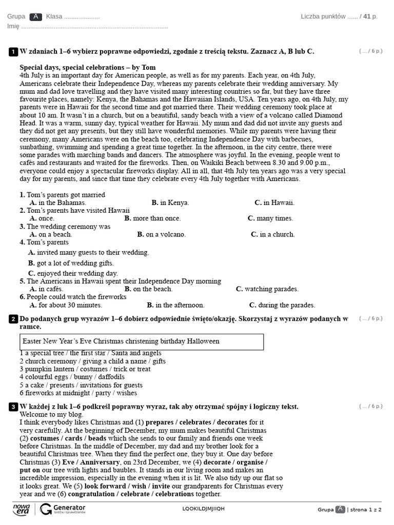 Unit 5 Standard Test Test (Z Widoczną Punktacją) | PDF | Christmas ...