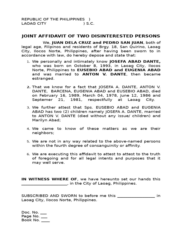 Sample Joint Affidavit of Two Disinterested Persons 2 | PDF