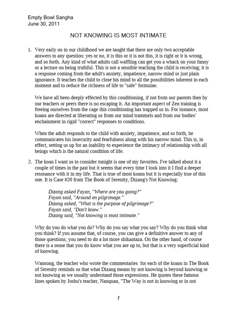 Not Knowing Is Most Intimate (PDF File) - Empty Bowl Sangha | PDF | Kōan