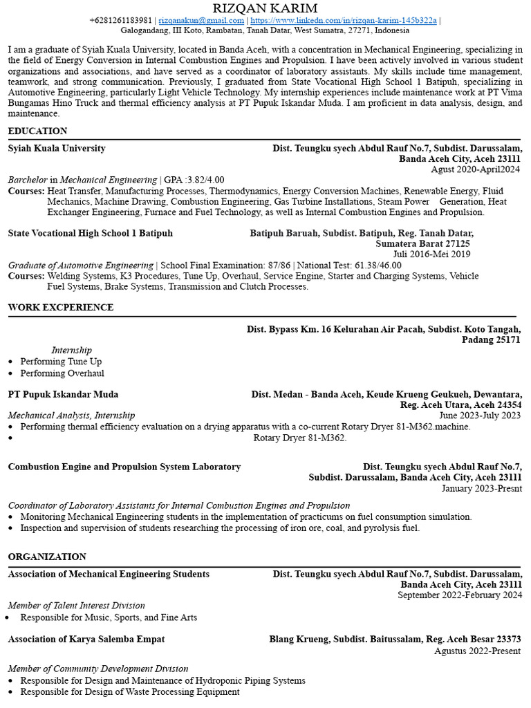 CV English Certificate Tranckrip RIZQAN KARIM | PDF | Mechanical Engineering
