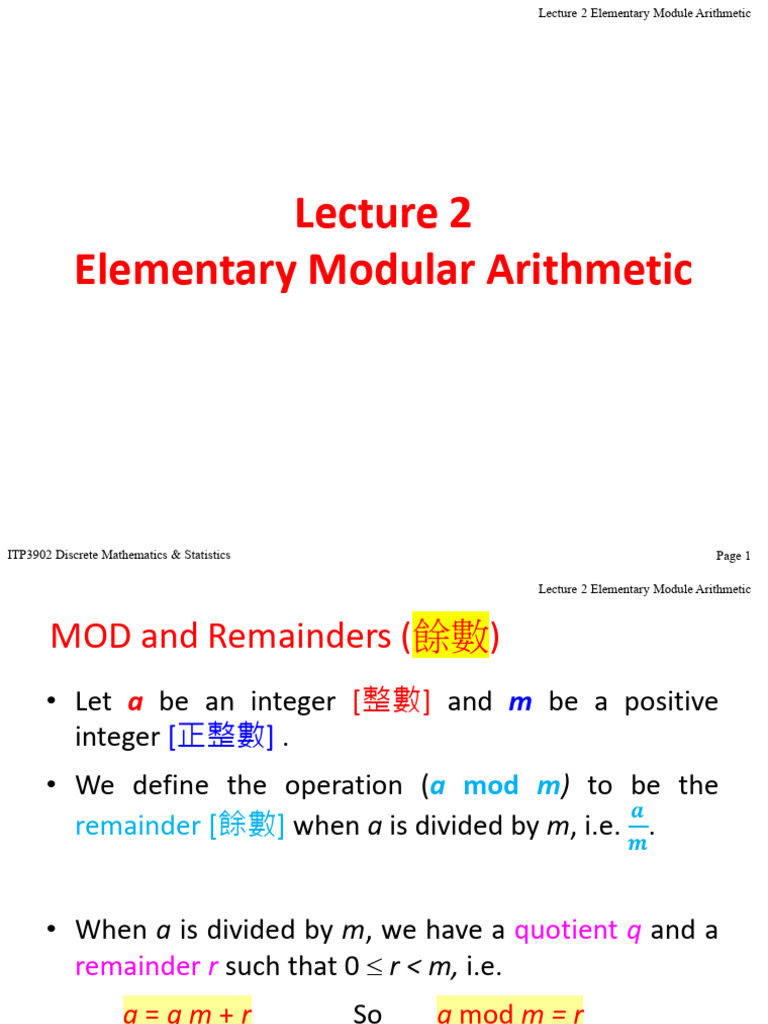 ITP3902_DMS_Lec_2_ Elementary_Modular_Arithmetic | PDF | Ring Theory | Algebra