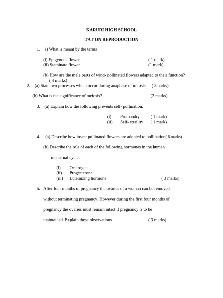 Reproductive Biology Exam Questions | PDF
