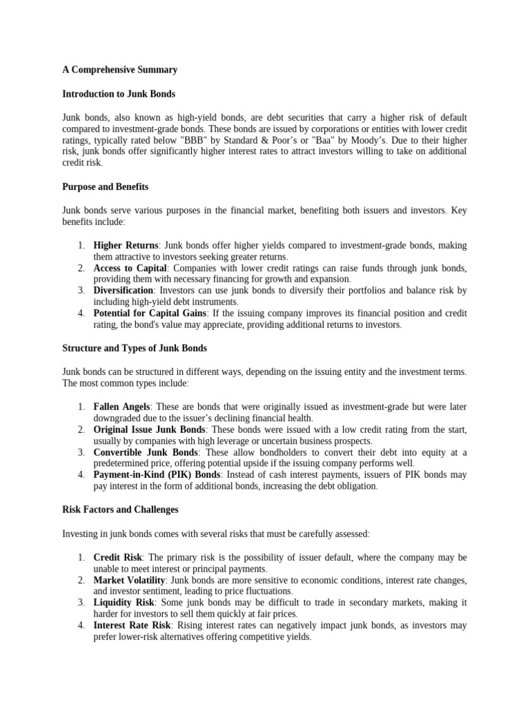 Junk Bonds A Comprehensive Summary | PDF | Bonds (Finance) | High Yield ...