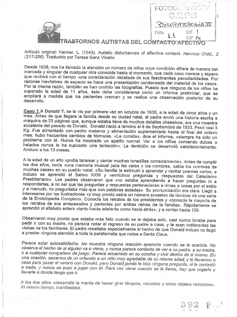 Kanner - Trastornos Autistas Del Contacto Afectivo Escaneado | PDF