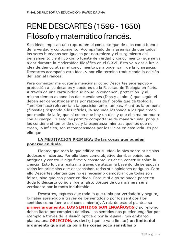 Filosofía de Descartes: Dudas y Verdades | PDF | René Descartes ...