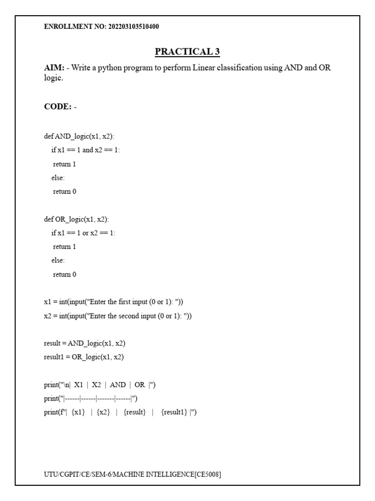 Practical 3: Write A Python Program To Perform Linear Classification Using AND and OR Logic | PDF